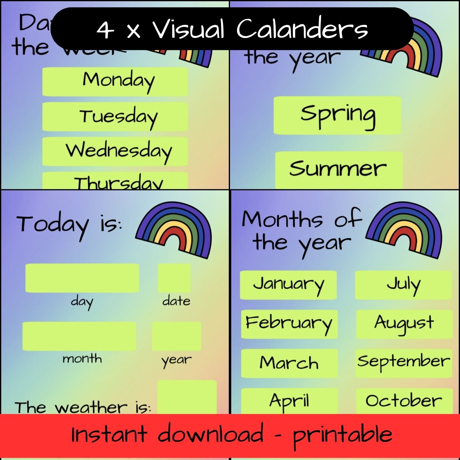 Full set daily visual calendars - days, months, seasons, weather - pos ...