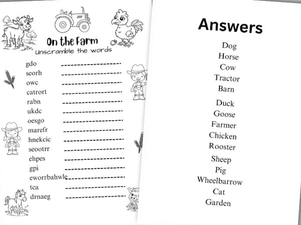 Printable farm animals colouring in word scramble – kissmypatootie